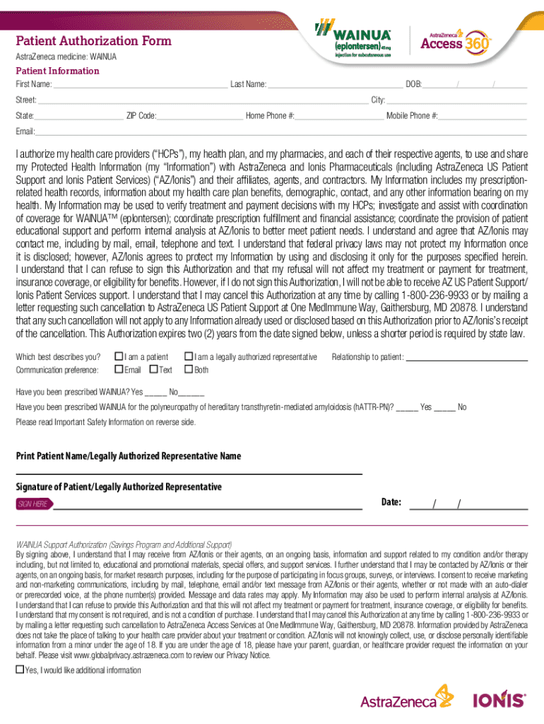 Fillable Online Patient Authorization for Wainua (eplontersen) Fax Email Print - pdfFiller