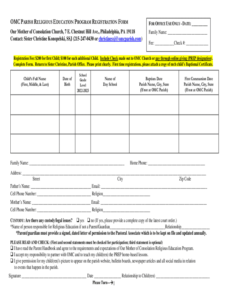 Fillable Online omc parish religious education program registration ...