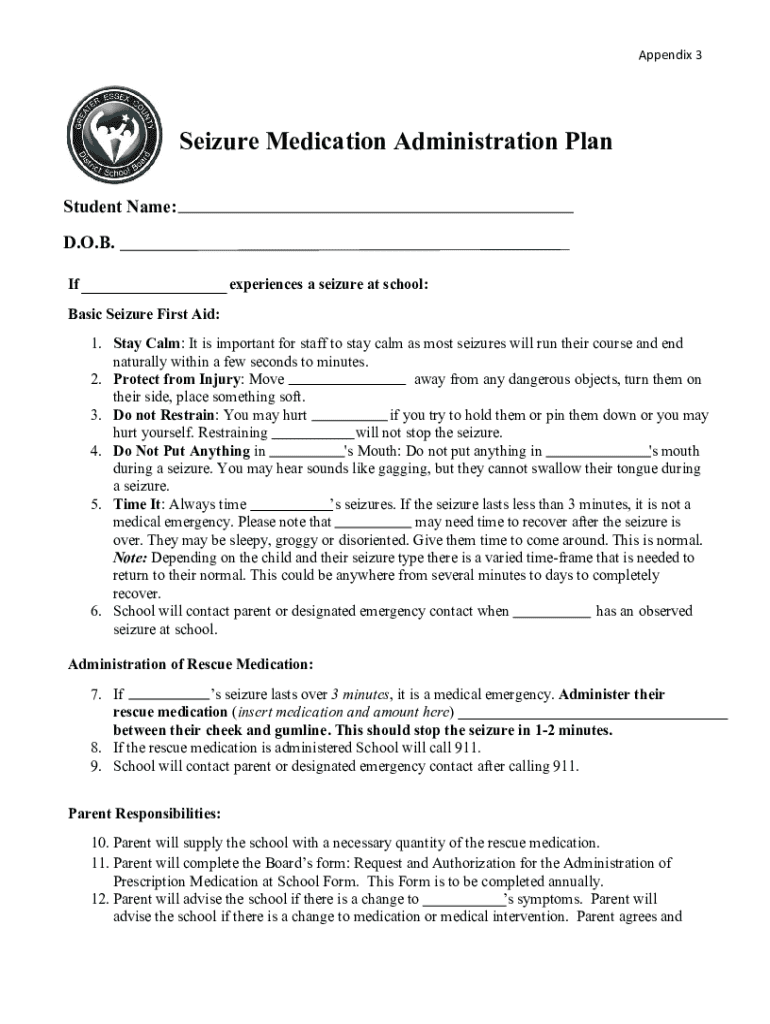 Fillable Online Seizure Safety Plan Acknowledgement Student Name Fax ...