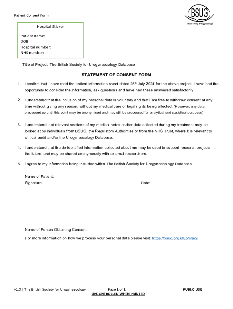 Fillable Online STATEMENT OF CONSENT FORM Hospital Sticker Patient ...