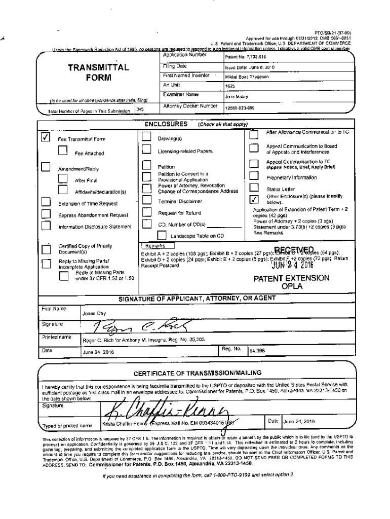 Fillable Online U.s. Patent and Trademark Office Transmittal Form Fax Email Print - pdfFiller