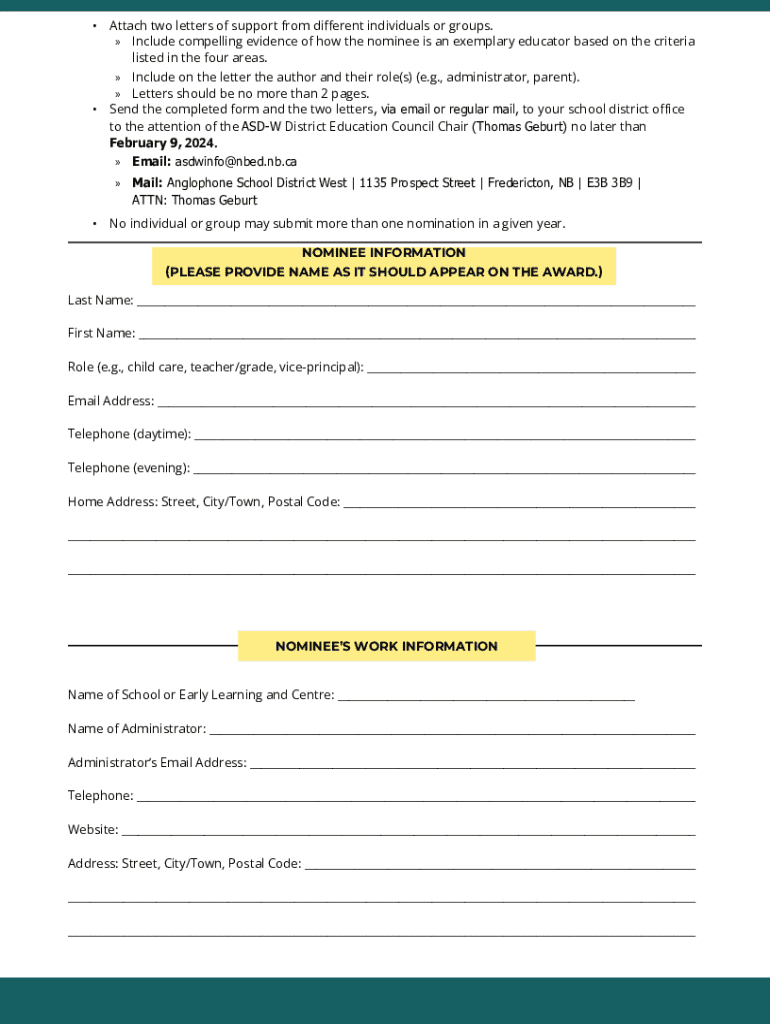 Fillable Online Excellence in Education Award - ASD-W Fax Email Print - pdfFiller