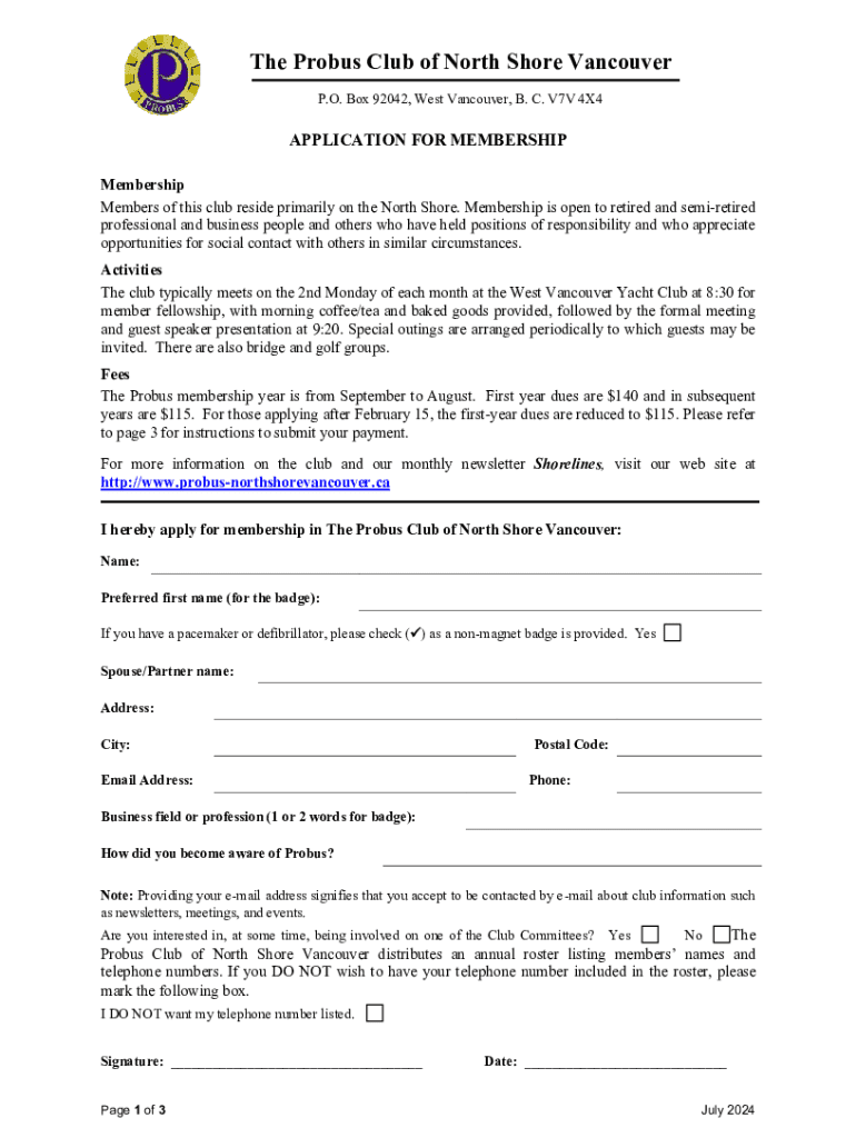 Fillable Online Application for Membership in the Probus Club of North ...