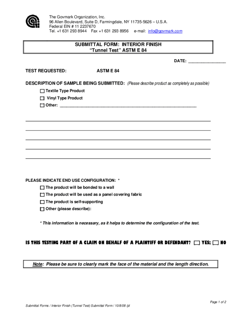 Fillable Online Interior Finish Tunnel Test- ASTM E 84 Submittal Form ...