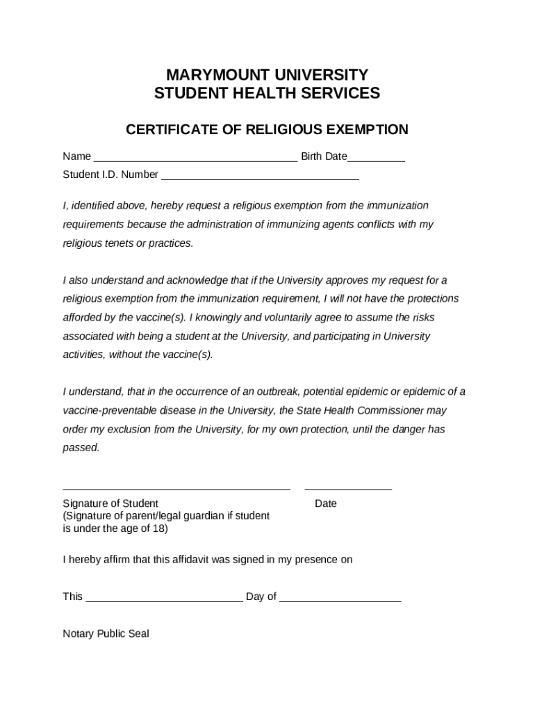 Certificate of Religious Exemption Doc Template | pdfFiller