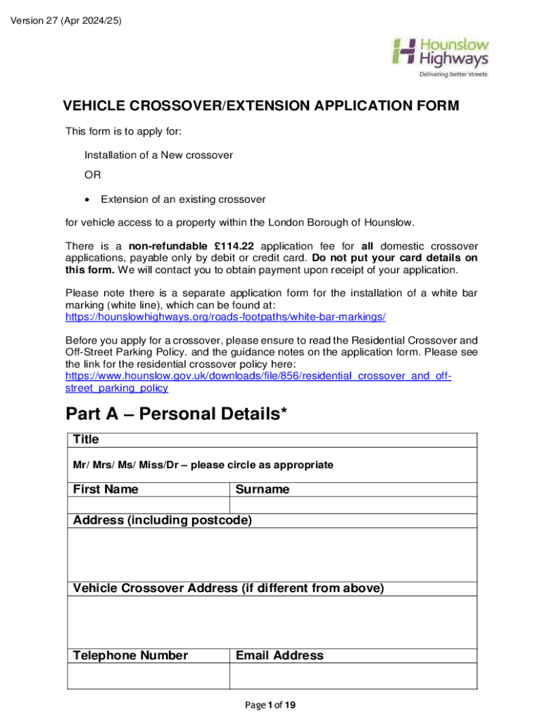 Fillable Online Vehicle Crossover/extension Application Form Fax Email ...