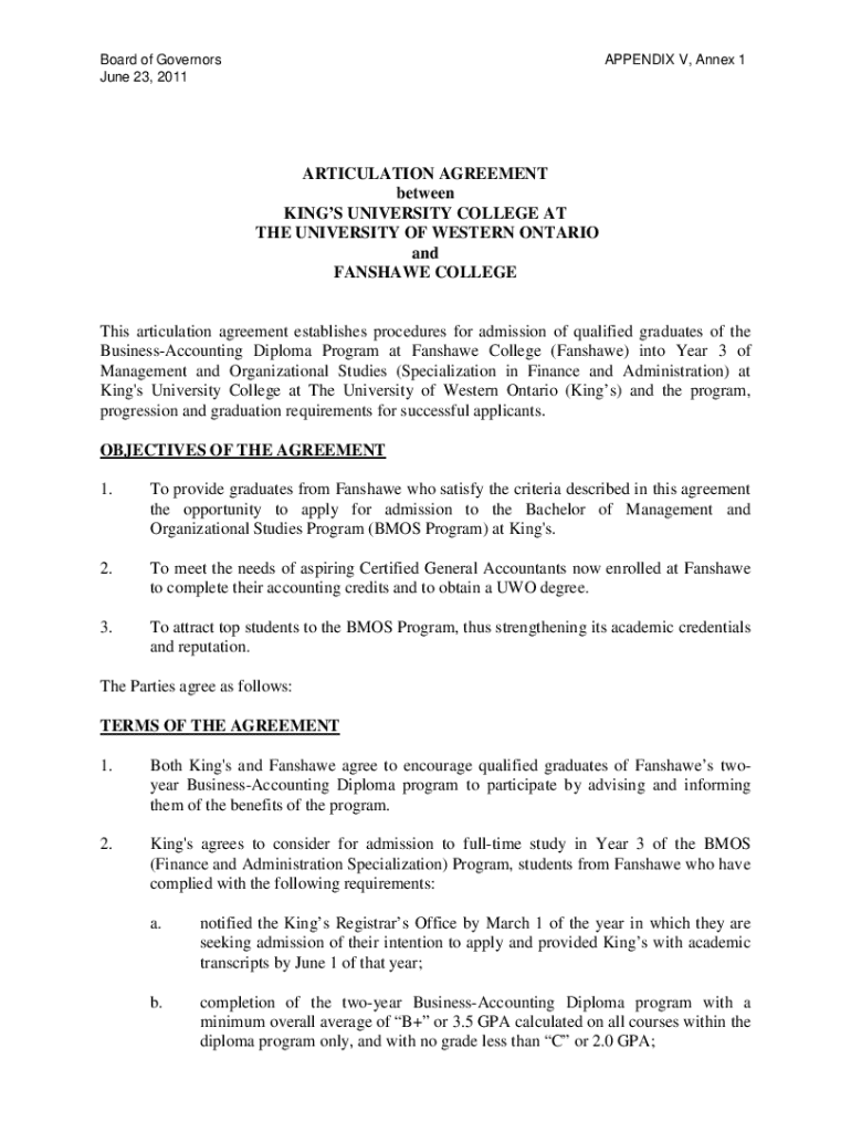 Fillable Online Articulation Agreement Between King’s University College and Fanshawe College ...