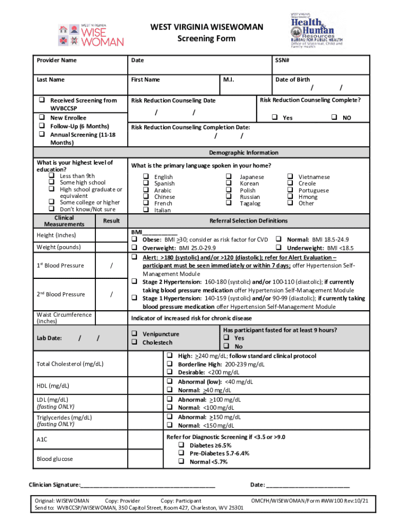 Fillable Online West Virginia Wisewoman Screening Form Fax Email Print ...