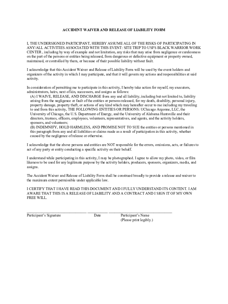 Fillable Online Accident Waiver and Release of Liability Fax Email ...