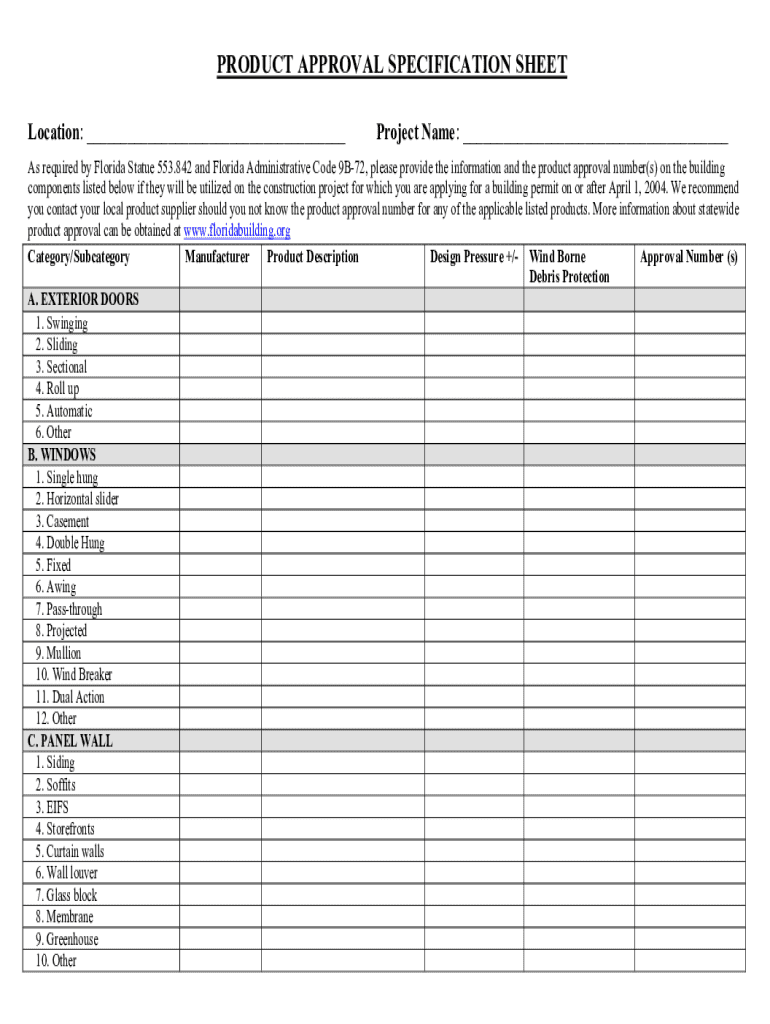 Fillable Online PRODUCT APPROVAL SPECIFICATION SHEET-2.doc Fax Email Print - pdfFiller