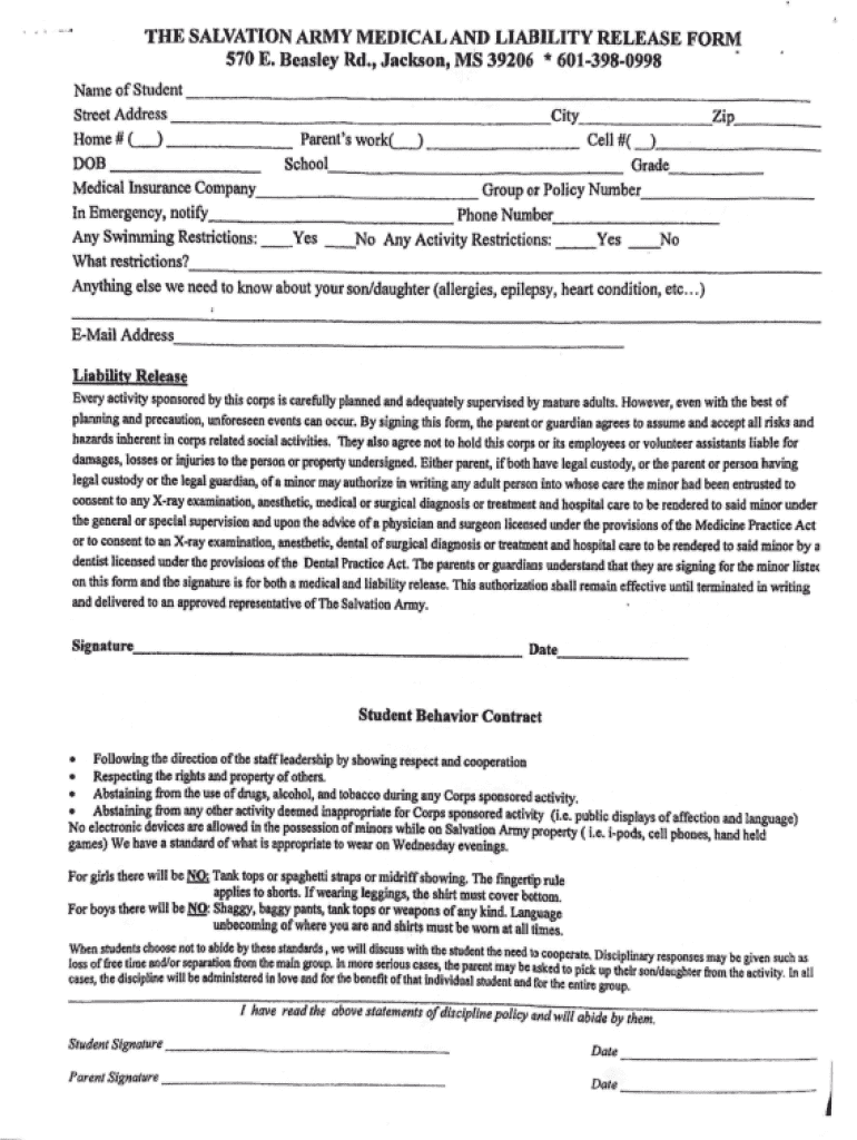 Fillable Online the salvation army medical and liability release form ...