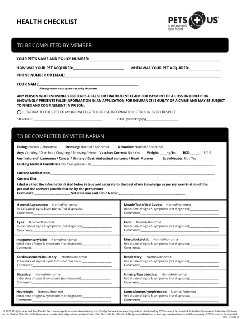 Fillable Online Pet Health Checklist for Insurance Fax Email Print ...