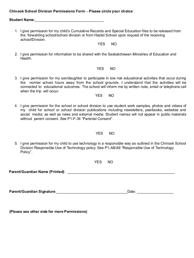 Fillable Online SCCHS Chinook School Division Permissions Form ... Fax ...