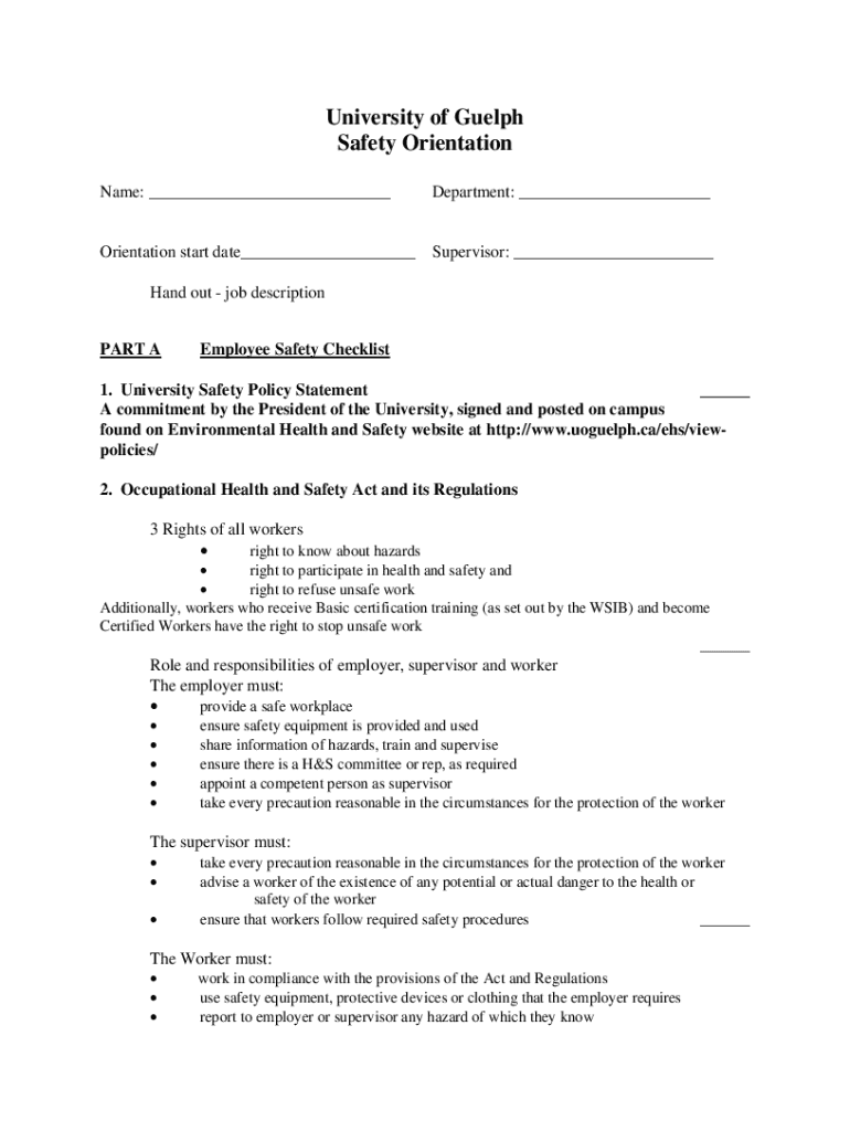 Fillable Online New Employee or Student Safety Orientation Checklist ...