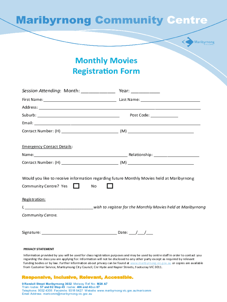 Fillable Online Monthly Movies Registration Fax Email Print - pdfFiller