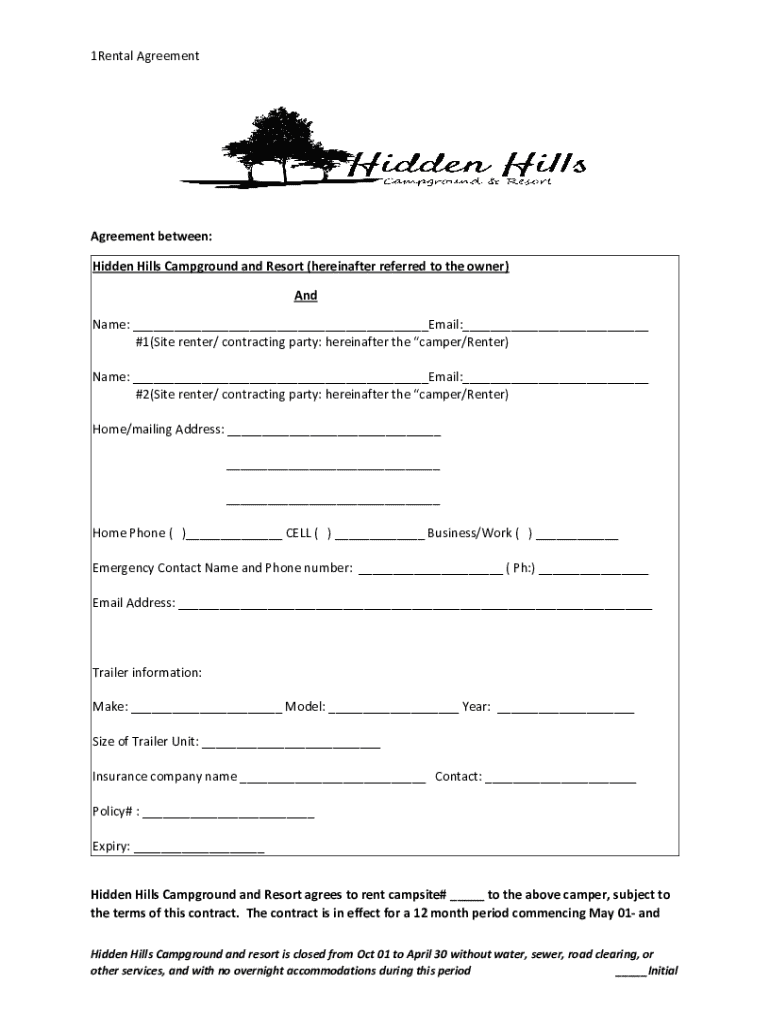 Fillable Online 1Rental Agreement Agreement between: Hidden Hills Campground ... Fax Email Print ...