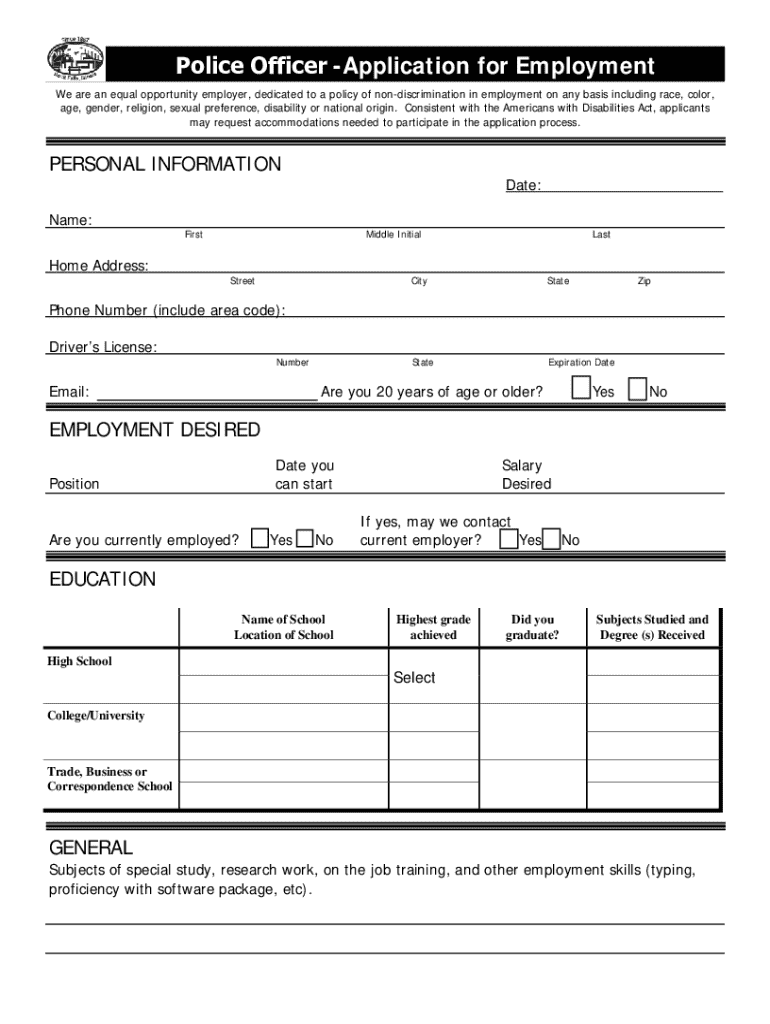 Fillable Online Application for Employment - Police Officer Fax Email ...