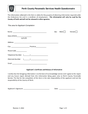 Fillable Online Health Questionnaire for Paramedic Applicants Fax Email ...