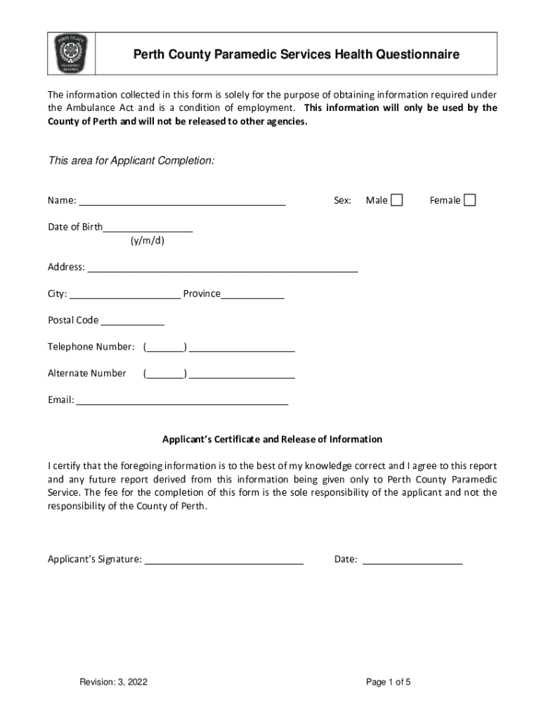 Fillable Online Health Questionnaire for Paramedic Applicants Fax Email Print - pdfFiller