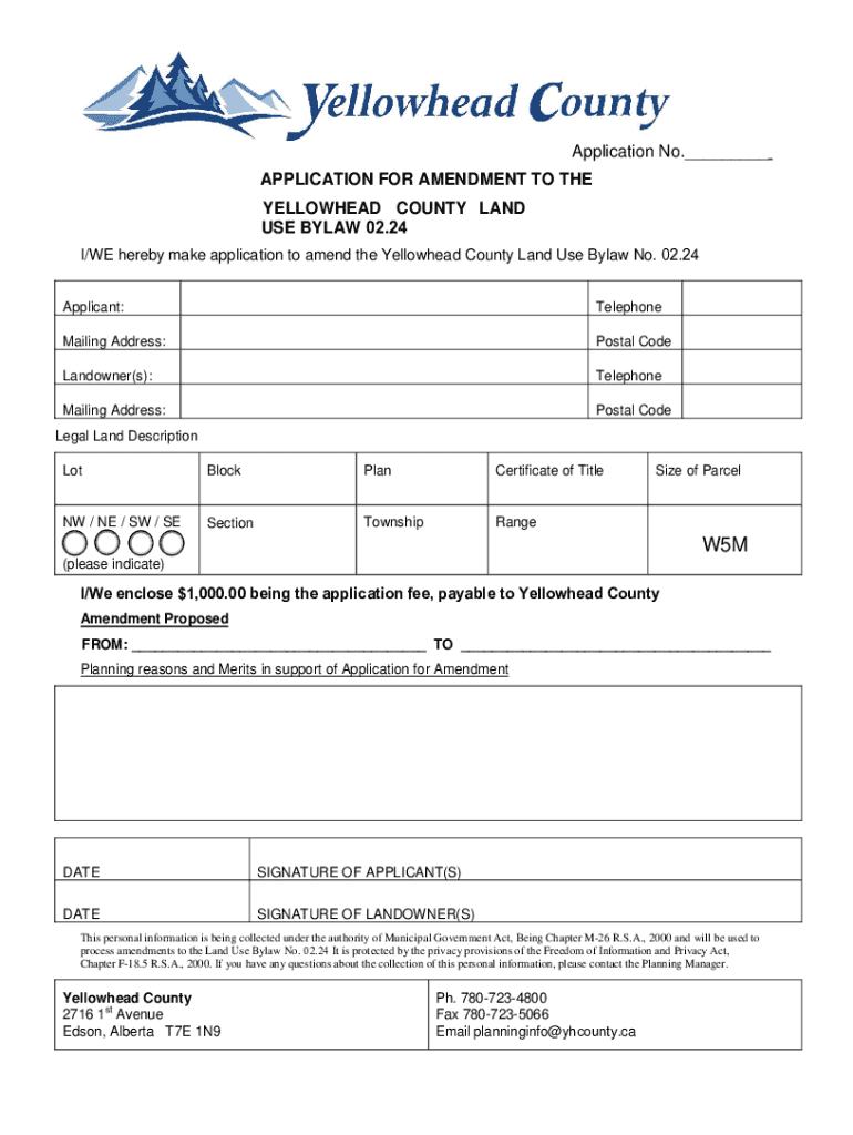 Fillable Online Application for Amendment to Land Use Bylaw Fax Email ...