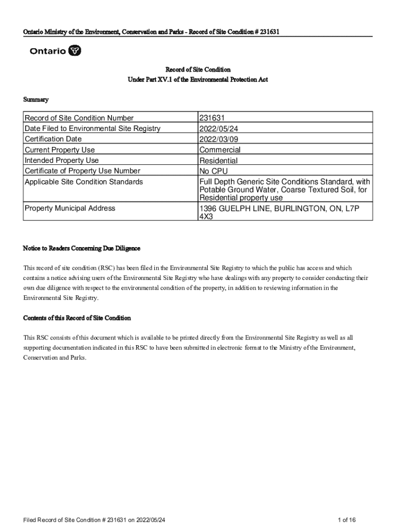 Fillable Online Record of Site Condition - Environmental Protection Act ...
