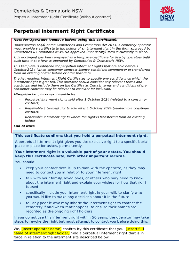 Perpetual Interment Right Certificate Doc Template | pdfFiller