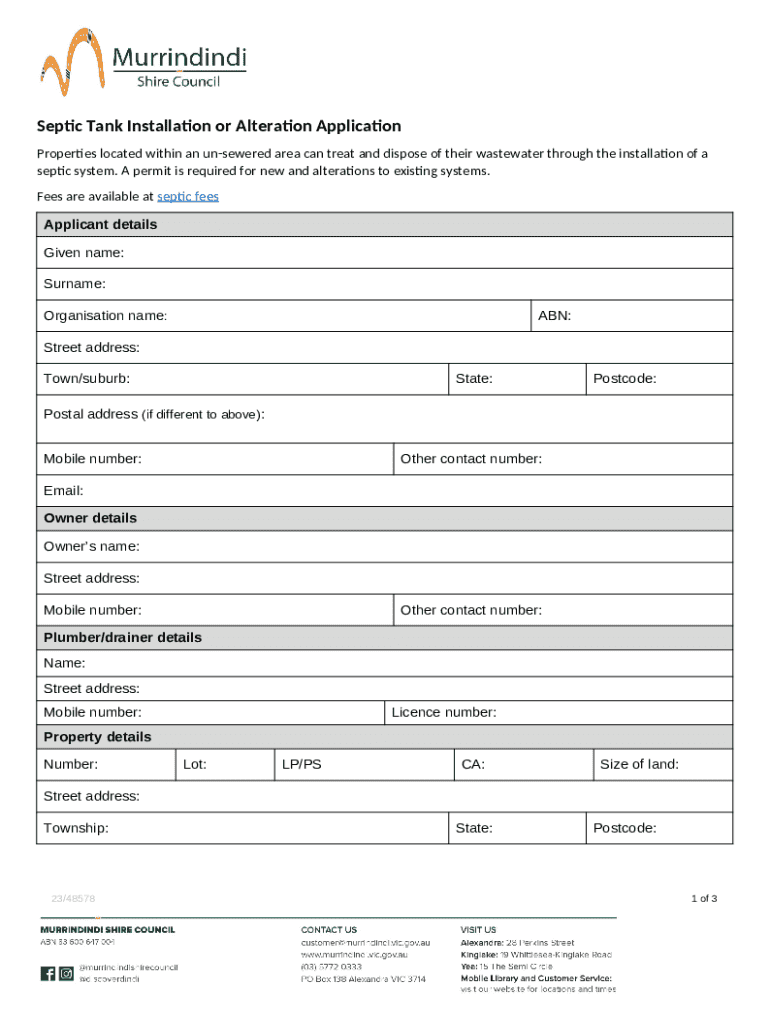 Septic Tank Installation or Alteration Application Doc Template | pdfFiller