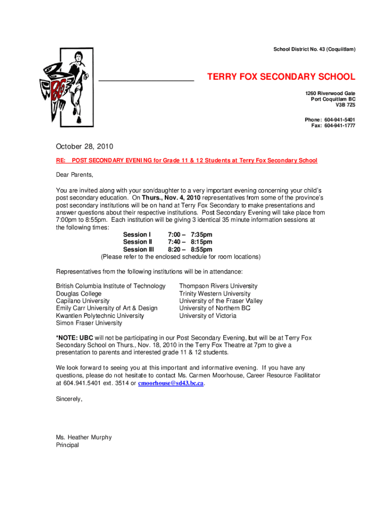 Fillable Online Terry Fox Secondary School Reports - Student Success BC ...