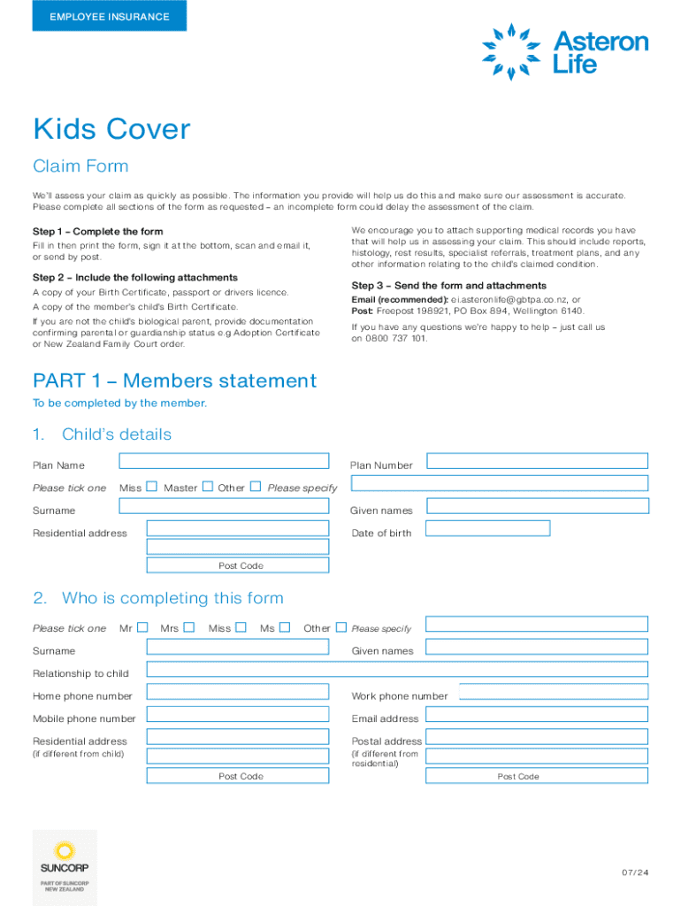 Fillable Online EMPLOYEE INSURANCE Kids Cover Claim Form Fax Email ...