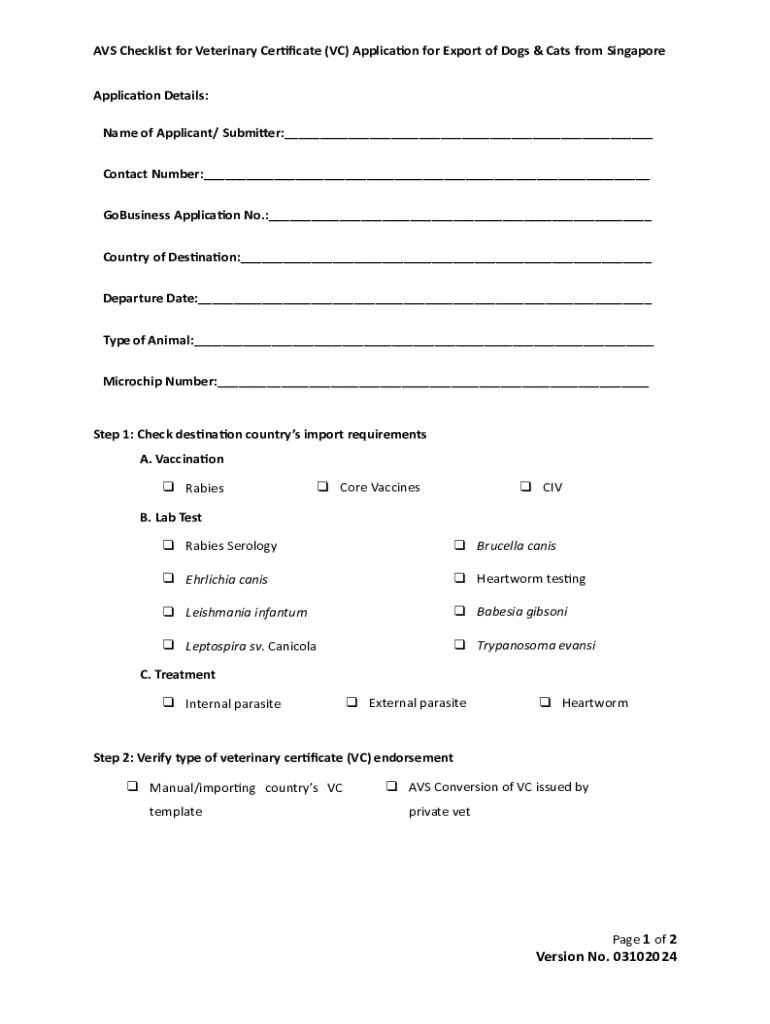 Fillable Online AVS Checklist for Veterinary Certificate (VC ...