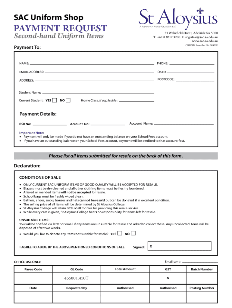 Fillable Online PAYMENT REQUEST - St Aloysius College Fax Email Print - pdfFiller