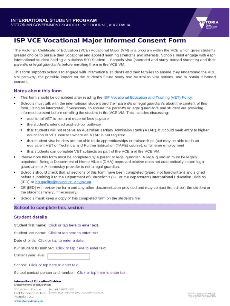 ISP VCE Vocational Major Ined Consent Doc Template | pdfFiller