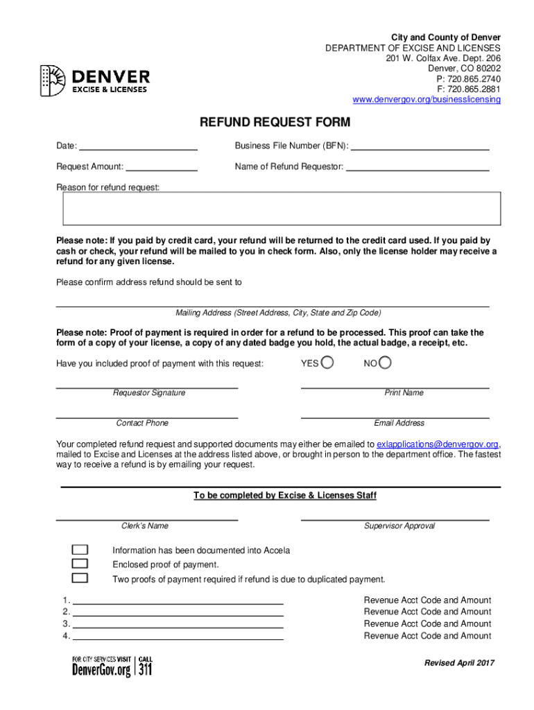 Fillable Online Refund Request Form - Denvergov.org Fax Email Print - pdfFiller