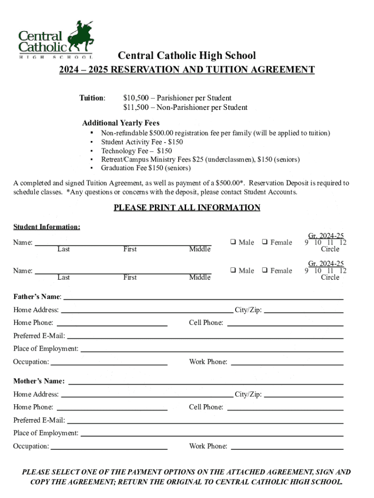Fillable Online Central Catholic High School 2024-2025 Tuition Agreement Fax Email Print - pdfFiller