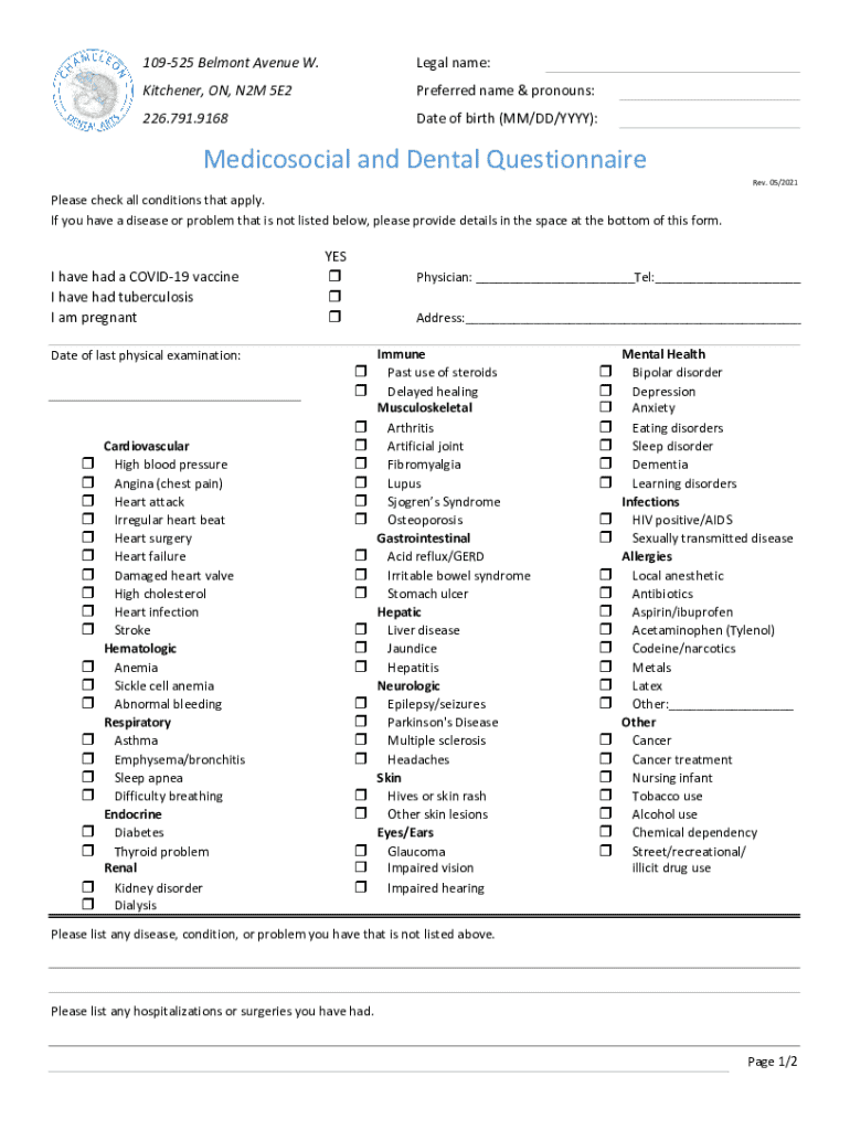 Fillable Online Medicosocial and Dental Questionnaire Fax Email Print ...