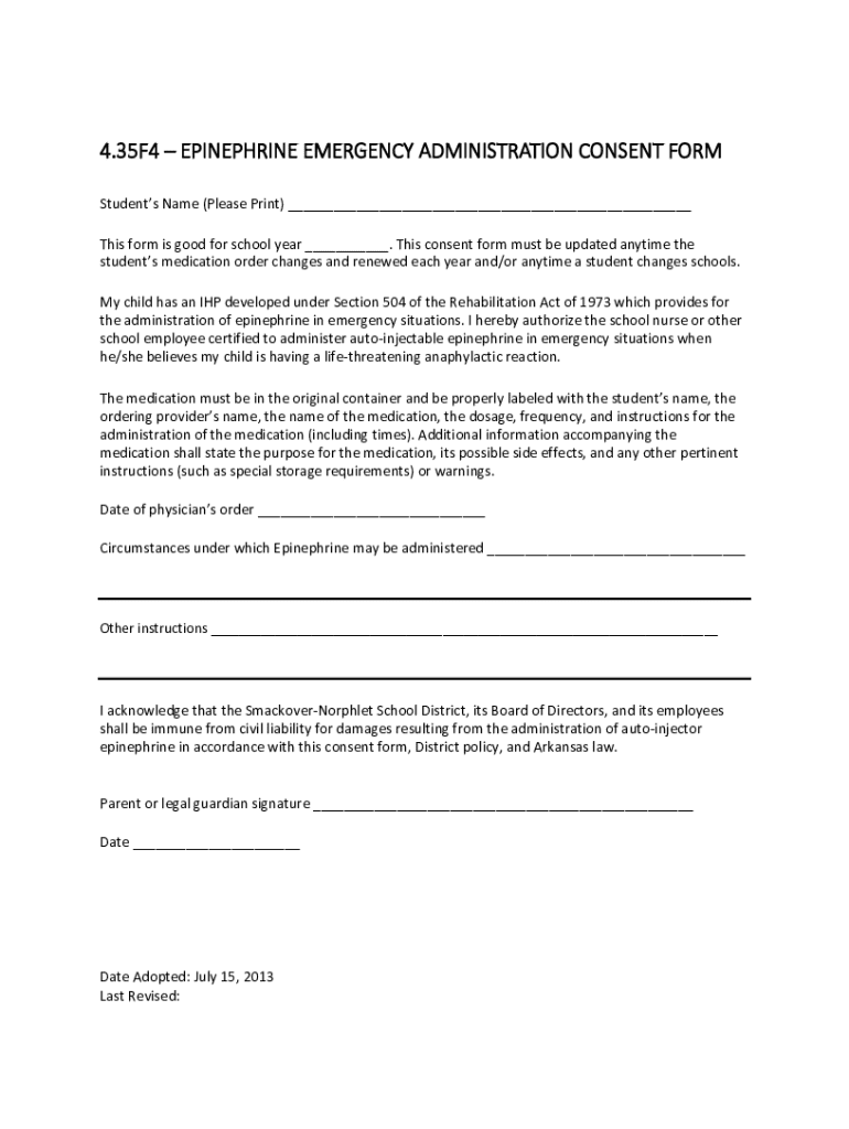 Fillable Online 4.35F4 Epinephrine Emergency Administration Consent ...