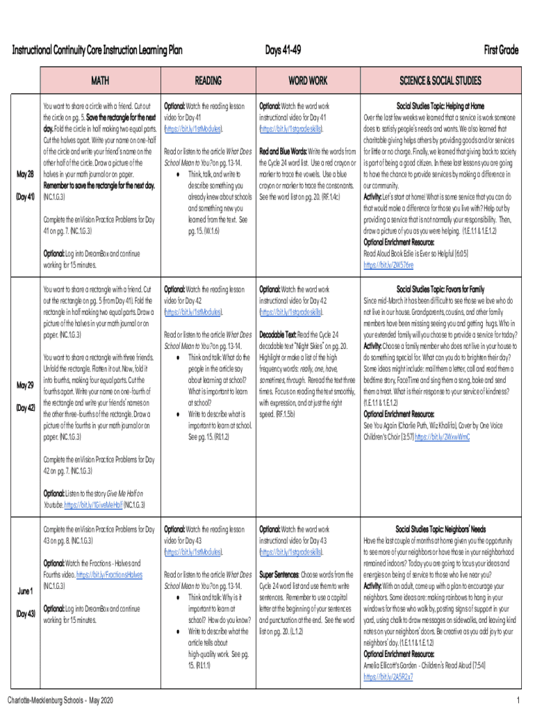 Fillable Online Instructional Continuity Core Instruction Learning Plan ...