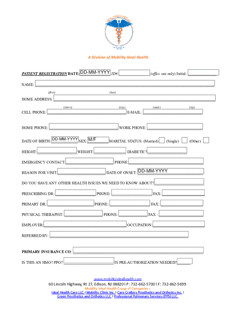 Fillable Online Patient Forms for Mobility Ideal Health Fax Email Print - pdfFiller
