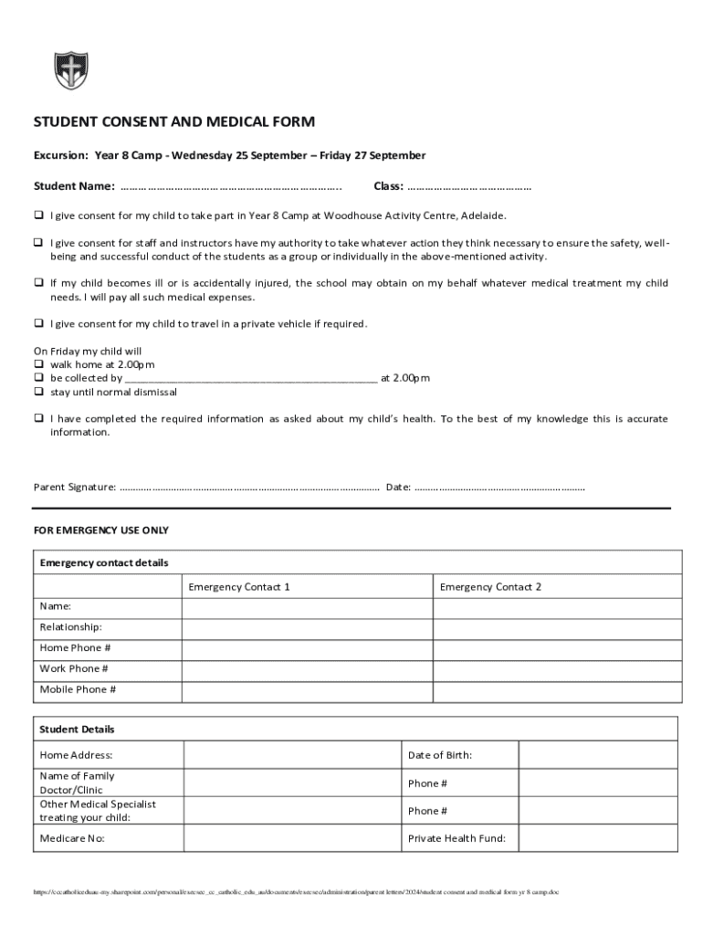 Fillable Online Excursion consent formYear 9 Camp Fax Email Print ...