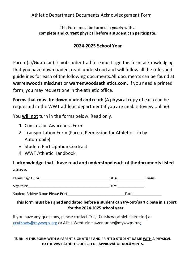 Fillable Online Athletic Department Documents Acknowledgement Form 2024-2025 ... Fax Email Print ...