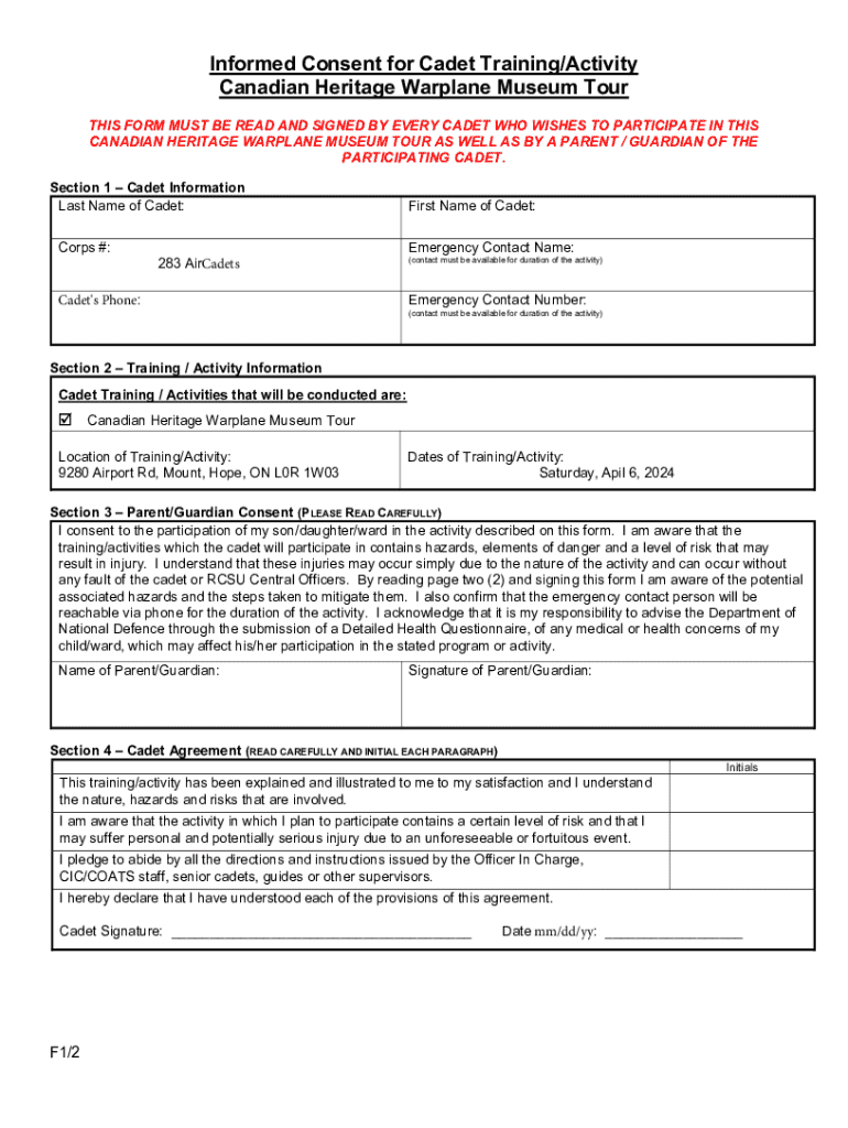 Fillable Online Informed Consent for Cadet Training/Activity Canadian ...