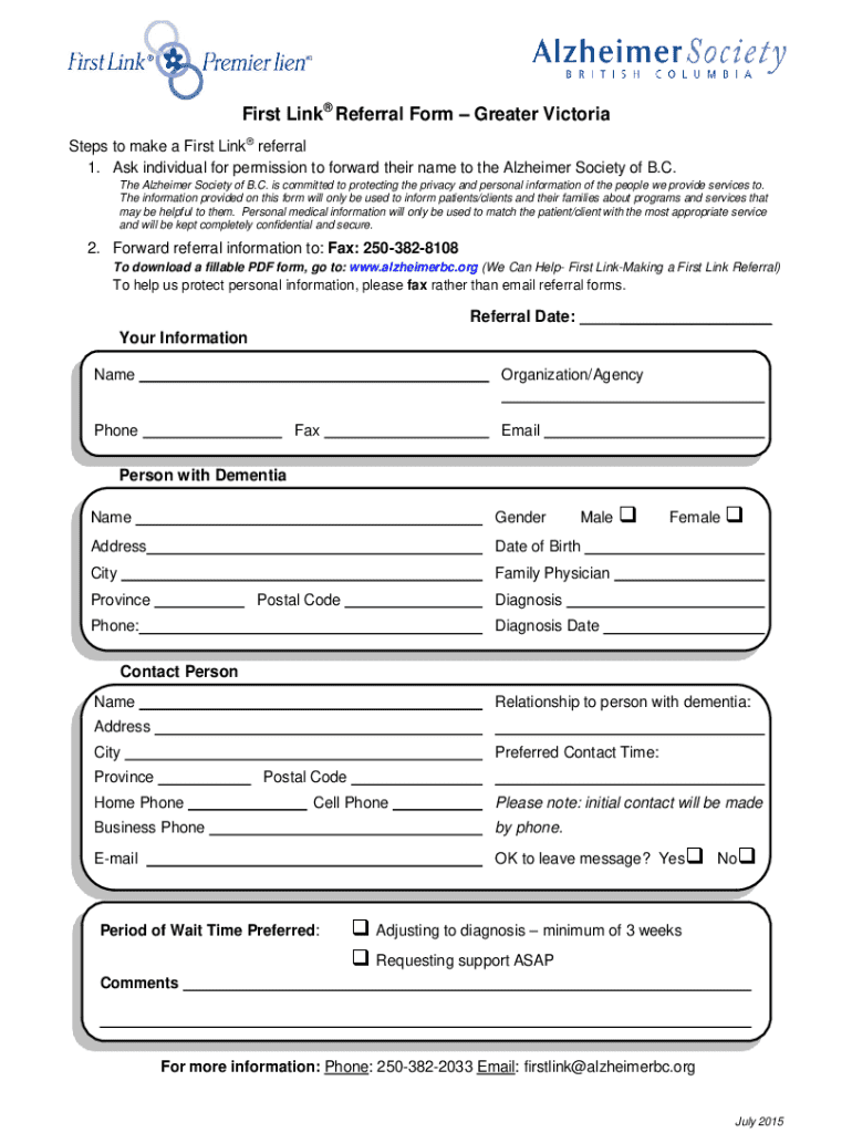 Fillable Online First Link Referral FormNorth Shore & Sunshine Coast Fax Email Print - pdfFiller