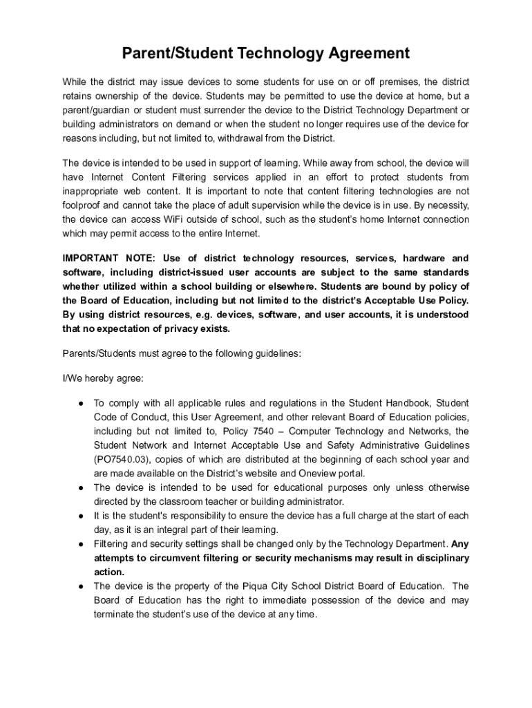 Fillable Online Parent/student Technology Agreement for Chromebook Use ...