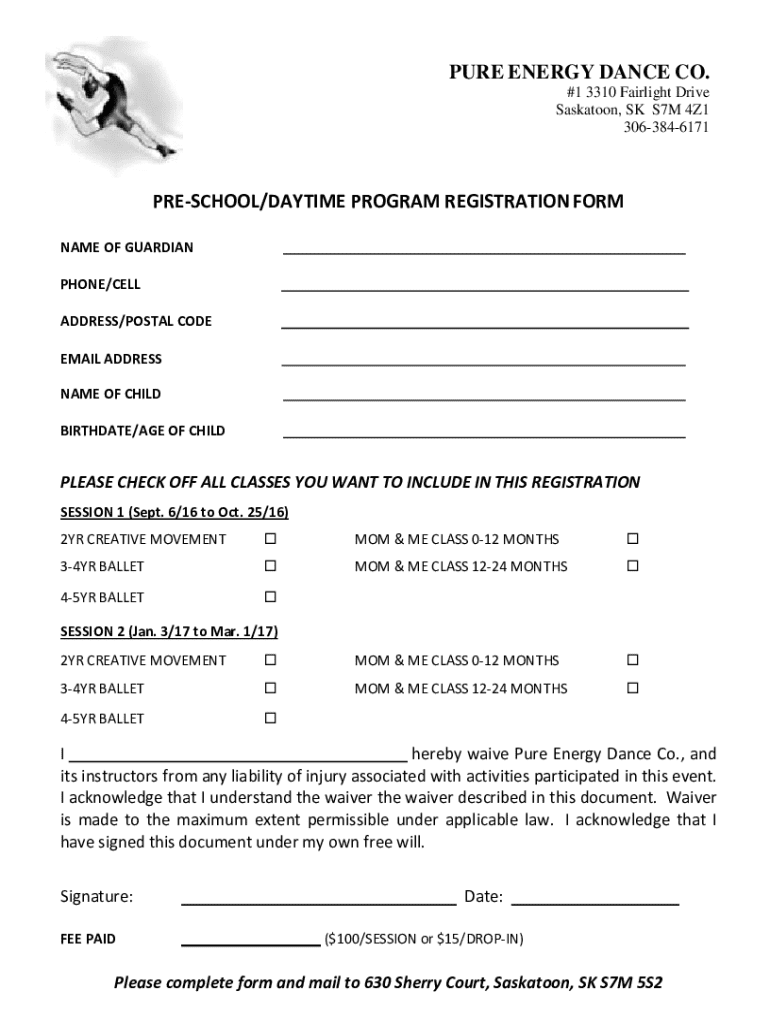 Fillable Online Pure Energy Dance Co. Pre-school Registration Fax Email Print - pdfFiller