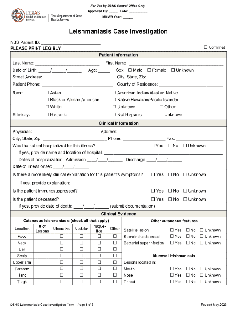 Fillable Online Texas Department of State Health Services Leishmaniasis Case Investigation Fax ...