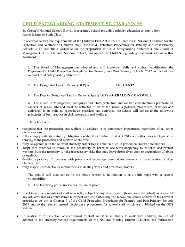 Fillable Online Child Safeguarding Statement, St. Ciaran’s Ns Fax Email Print - pdfFiller
