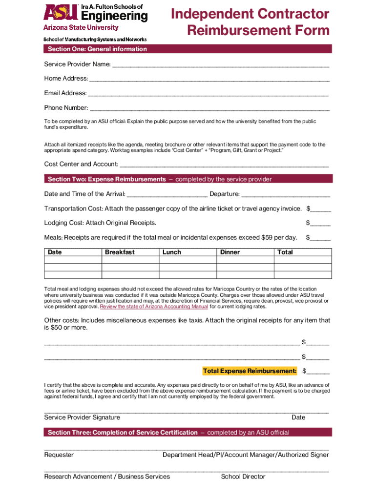 Fillable Online Independent Contractor Reimbursement Form Fax Email ...