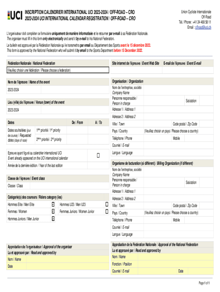 Fillable Online 2023-2024 Uci International Calendar Registration Fax ...
