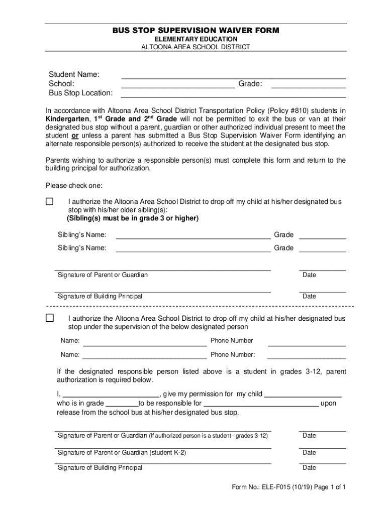 Fillable Online Bus Stop Supervision Waiver Form Fax Email Print ...