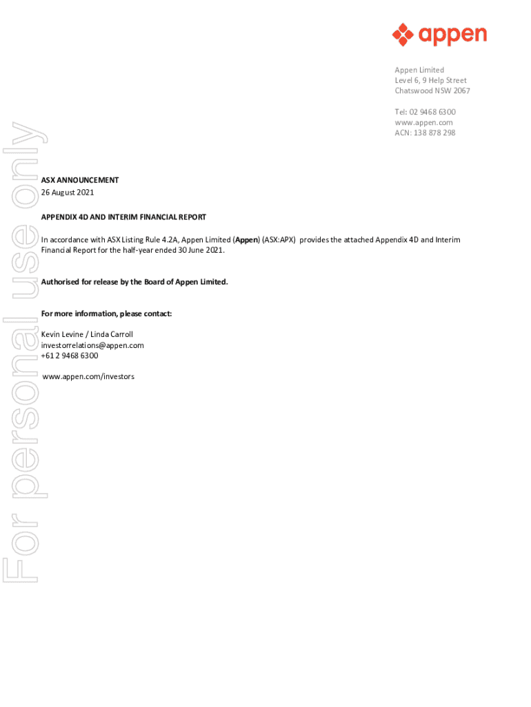 Fillable Online APX Cover Page for App4D & Interim Financial Report ...